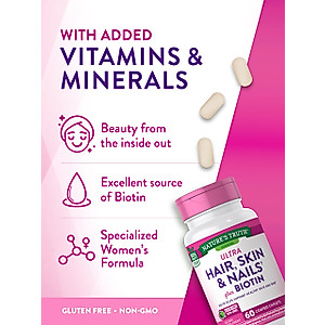 Hair Skin and Nails Vitamins | 60 Caplets | with Biotin and Collagen | Non-GMO and Gluten Free Supplement for Women and Men | by Nature's Truth