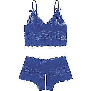 SweatyRocks Women's 2 Piece Lingerie Set Sheer Lace Cut Out Bra and Panty Teddy Lingerie Royal Blue L