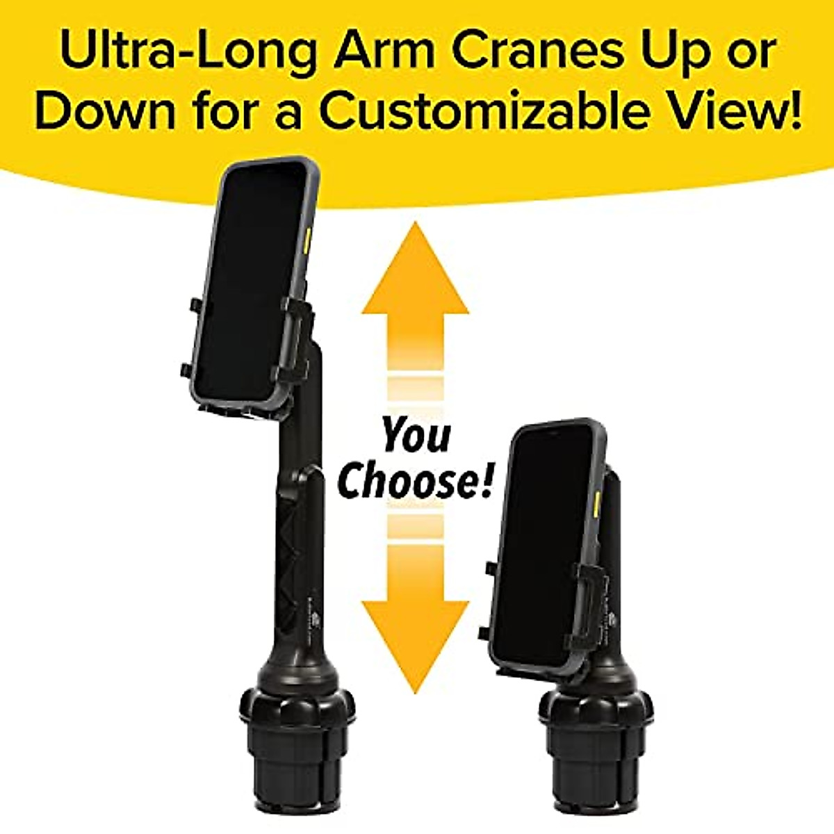 BulbHead Phone Crane Mount for Car, As Seen On TV, Ultra-Long Arm Raises Over a Foot Higher, Drive Safer, 360° Rotation, Vertical & Horizontal Adjustment, Twistable Base Fits Any Cupholder