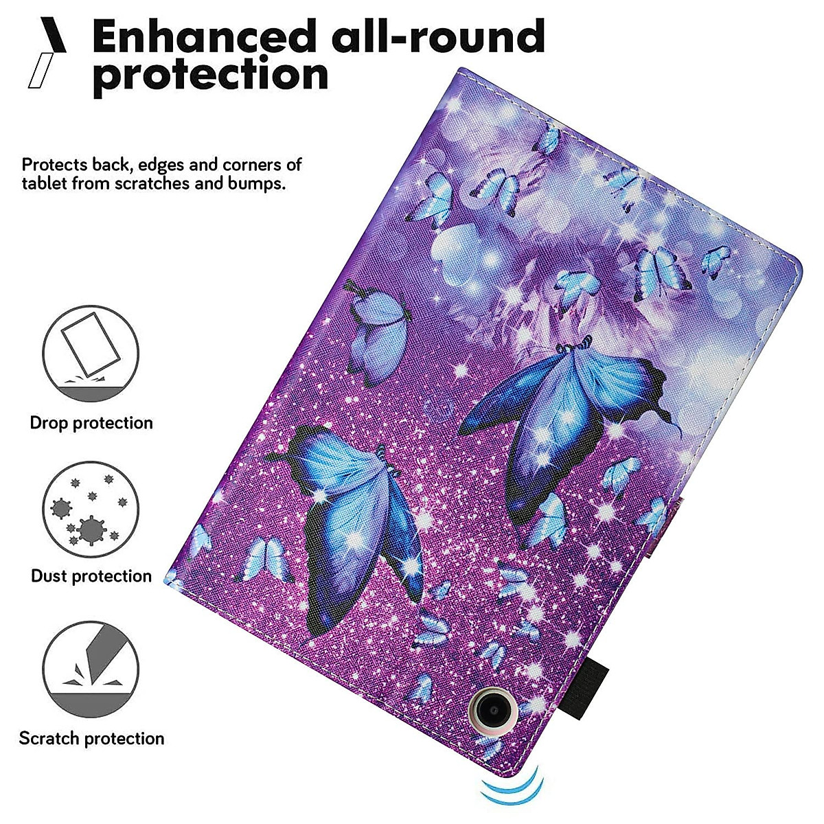 YUNHOTIC Case for Samsung Galaxy Tab A8 10.5 inch 2022 Model (SM-X200/X205/X207), Auto Wake/Sleep, Premium PU Leather Folding Stand Cover with Pen Holder & Multiple Viewing Angles - Purple Butterfly