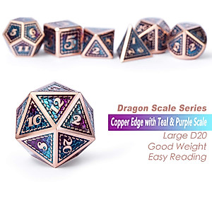 DNDND Metal D&D Dice Set,7 Pieces Dragon Scale Metallic D&D Die with Gift Metal Case for Dungeons & Dragon Game (Teal and Purple with Copper Edge)