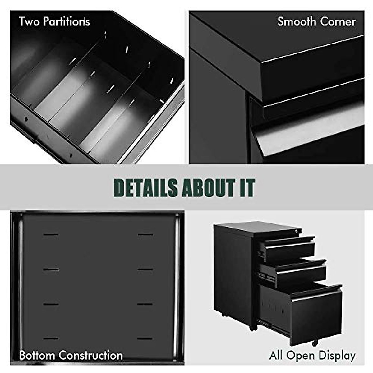 Black File Cabinet, 3 Drawer Mobile File Cabinet with Lock and Wheels, Under Desk Metal Filing Cabinet for Office，Lockable Rolling Cabinet with 2 Keys for Legal/Letter/A4 Size, Fully Assembled （A）
