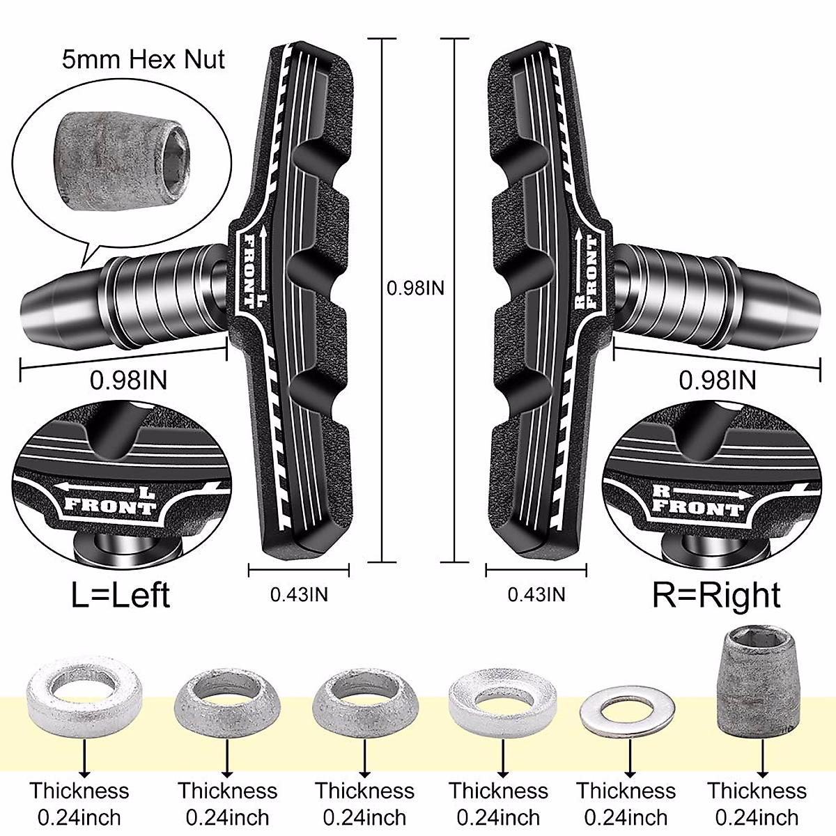 Bike Brakes Pads Set, Brakes Kit, Road Mountain Cycle Bicycle Rubber Universal V-Brake Blocks Shoes with Hex Nut Tools and Shims, No Noise No Skid, 70mm, Fits Most Bikes MTB City Folding Bike Pads