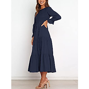 LOGENE Womens Round Neckline Shirred Bodice Maxi Dress Tiered Panel Skirt-6L55-zanglang-M Navy Blue