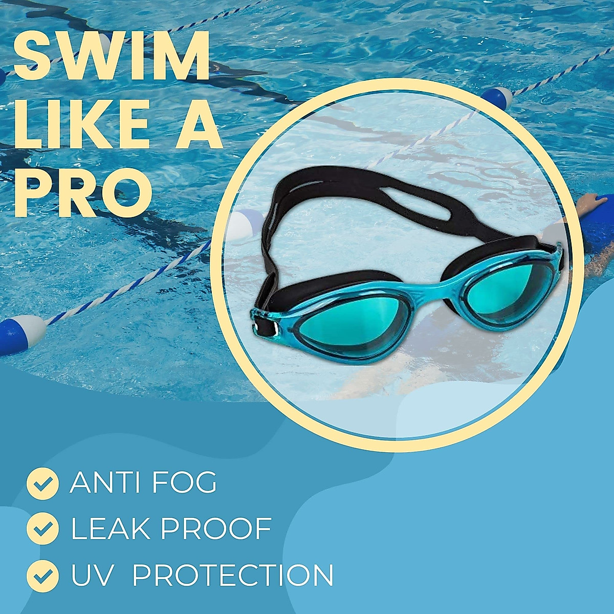Splaqua Swim Goggles for Men and Women - Adjustable Straps, Silicone Eye Seal, UV Protection and Anti Fog Lenses Swimming Goggle - Teal and Black