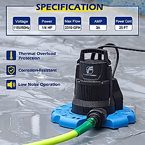 FLUENTPOWER Automatic Pool Cover Pump, 1/4 HP 2310GPH Submersible Water Removal Pump, with Check Valve Adapter, for Swimming Pool, Hot Tub, Boat Covers, Water Beds, Rooftop, Shallow Pit Water