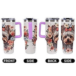 WYUSPGK 40oz Stainless Steel Car Mug, Yorkie Floral Print Travel Mug, Double-Wall Insulated with Straw, Perfect for Car, Office, Outdoor