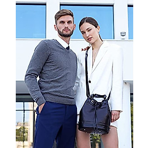 Time Resistance Leather Bucket Bag Full Grain Real Leather Tote Bag for Women (Black)