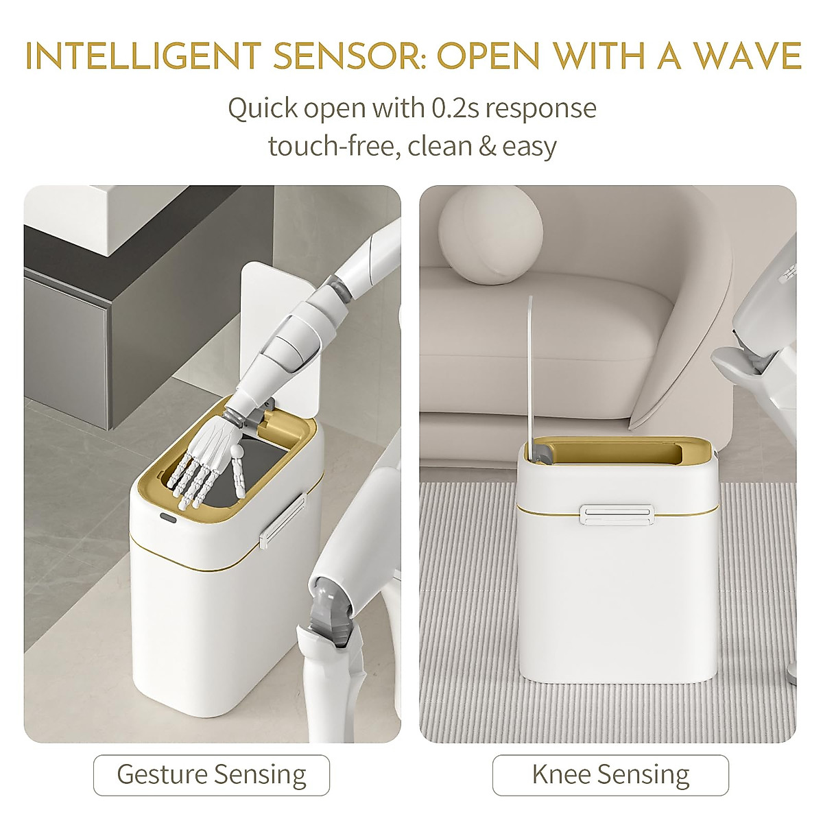 ELPHECO 2.5 Gallon Garbage Can with Buckle-up Latches, Motion Sensor Trash Can with Buckling Latches for Bathroom, Living Room, Office, Bedroom, 2 AA Batteries (Excluded), White Gold