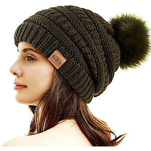 REDESS Women Winter Pom Pom Beanie Hat with Warm Fleece Lined, Dark Green