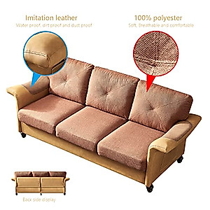 Myshle, Futon Sleeper Sofa Bed Mid-Century Modern Linen Fabric Faux Leather Sectional Couch for Living Room with 6 Wood Legs and 2 Removable Storage Boxes, Red Brown