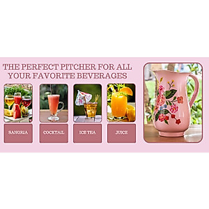 Hand Painted Stainless Steel Water Pitcher - Large Metal Water Jug, for Cold Drinks, Floral Design Beverage Carafe for Entertaining & Home Decor. 8” height, 1 Quart Decorative Vase. (Pink)