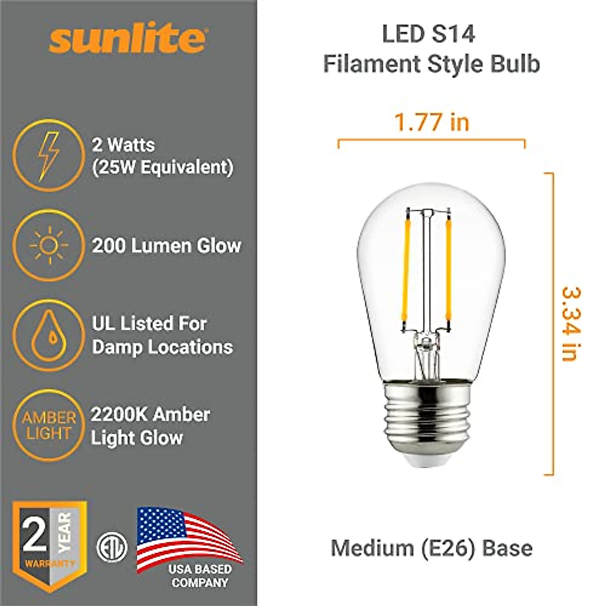 Sunlite 81073-SU LED S14 Filament Style String Light Bulb, ETL Listed, 2 Watts (25W Equivalent), 200 Lumens, Medium Base (E26), Dimmable, 2700K Warm White, 1 Count