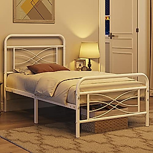 Topeakmart Twin Bed Frames Metal Bed with Vintage Style/Criss-Cross Design Headboard/Mattress Foundation/No Box Spring Needed/Under Bed Storage/Strong Slat Support White Twin Bed