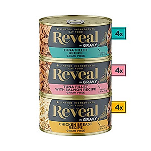 Reveal Natural Wet Cat Food, 12 Pack, Limited Ingredient Canned Wet Cat Food, Grain Free Food for Cats, Variety of Fish and Chicken Flavors in Gravy, 2.47oz Cans