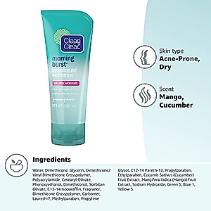 Clean & Clear Morning Burst Hydrating Gel Face Moisturizer with Cucumber & Green Mango Extract, Oil-Free Daily Facial Moisturizer for Acne-Prone Skin Care, Non-Greasy & Non-Comedogenic, 3 oz