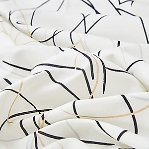 Tache Modern Abstract Floral Leaf Minimalist Line Art White Black Grey Gold Sheer Window Valance, 18x52