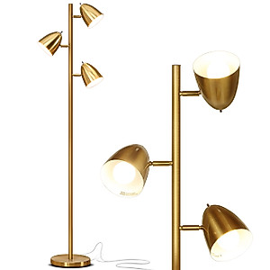 Brightech Jacob LED Standing Lamp, Modern Bright Floor Lamps for Living Rooms & Bedrooms, Tall LED Lighting Lamp with Adjustable 3 Light Tree – Antique Brass/Gold