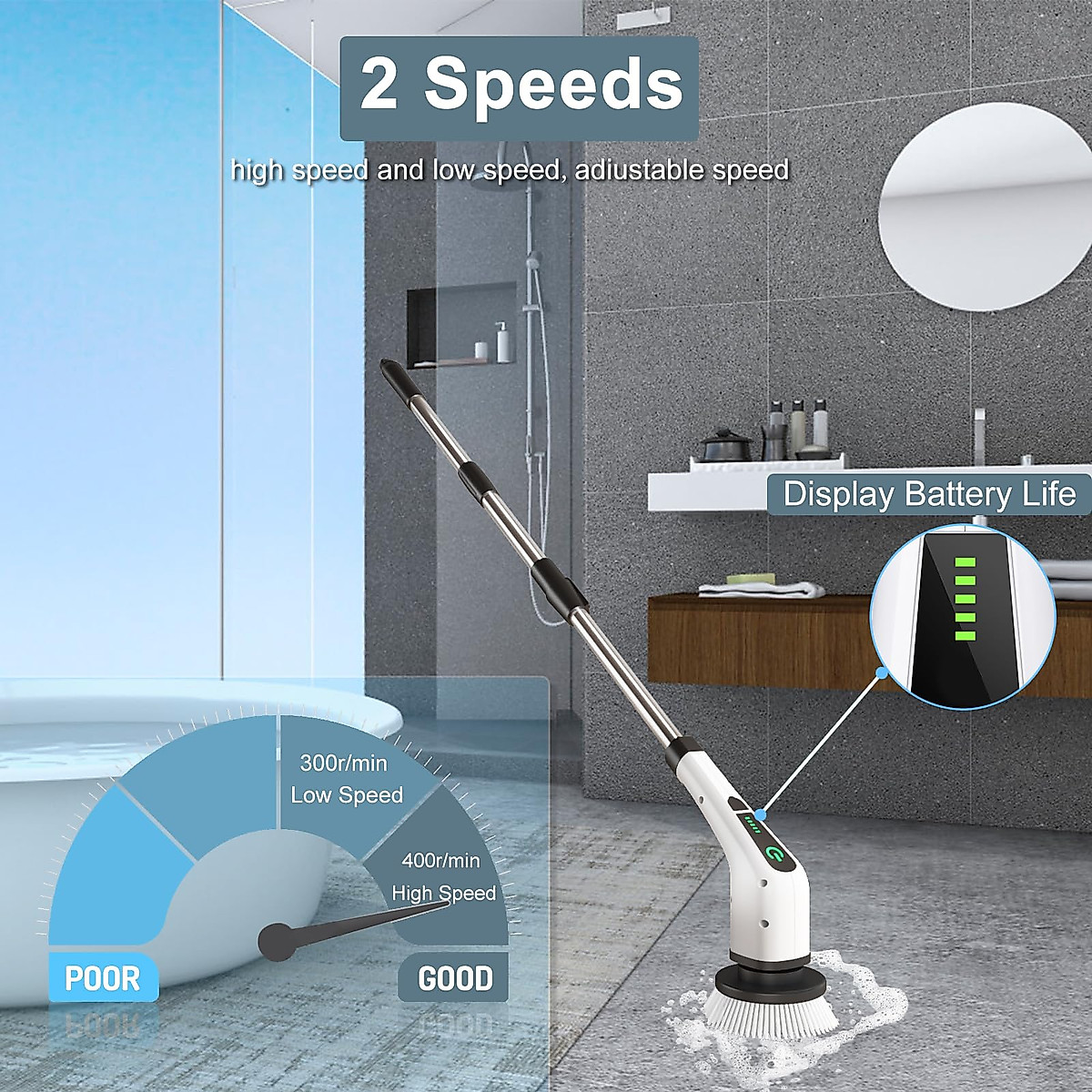 Electric Spin Scrubber, Cordless Bath Tub Power Scrubber with Long Handle & 7 Replaceable Heads, Detachable as Short Handle, Shower Cleaning Brush Household Tools for Bathroom & Tile Floor(White)