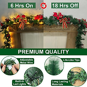 Timer & 8 Modes - 9 Ft Prelit Christmas Garland Decorations with 100 Lights 300 Branches 5 Poinsettias 4 Xmas Balls 18 Pinecones Needles 198 Berries Battery Operated Christmas Decoration Indoor Home