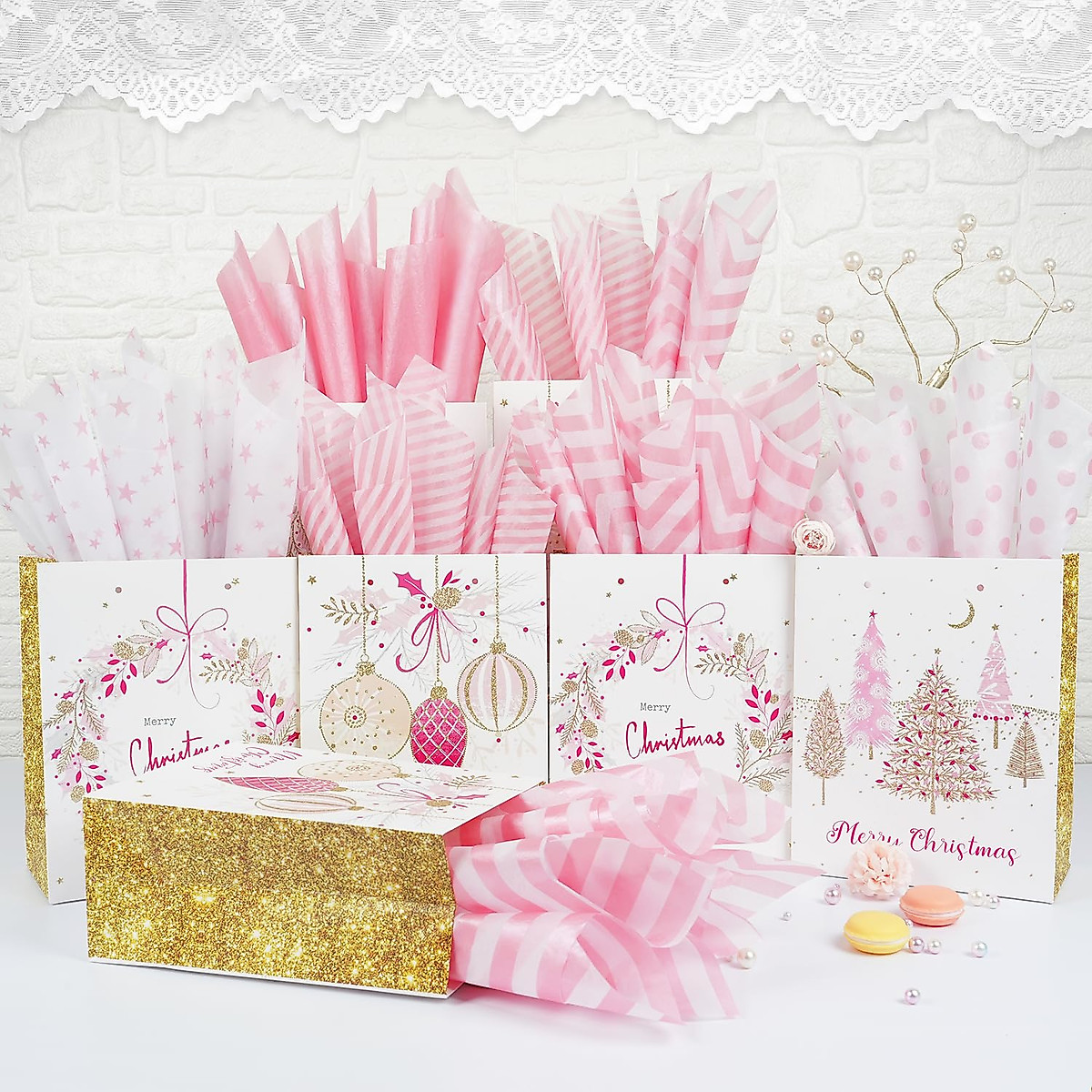 MAMUNU 120 Sheets Light Pink Tissue Paper Set, Metallic Gold Design Gift Wrapping Tissue Paper for Home, Kitchen, Packing, DIY Crafts (20 Sheets Each of 6 Patterns, 50CM X 35CM)