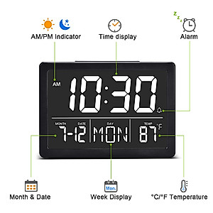 Amgico Digital Alarm Clock with Snooze, Small Clock/Table Clock, 6.3" LED Digital Calendar, 12/24H, Adjustable Brightness/Volume, Desk Clock for Bedroom, Living Room, Office - Black