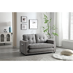 MYINDA Futon Sofa Bed, 55'' W Convertible Loveseat Sleeper with Pull Out Sofa, Space Saving Foldable Sofa Bed Couch with Side Pockets Living Room, Bedroom, Office (LightGray)