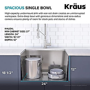 KRAUS Pax 24-inch 18 Gauge Undermount Single Bowl Stainless Steel Laundry and Utility Sink, KHU24L