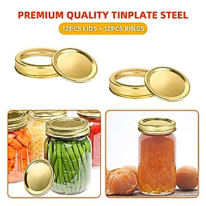 MAEXUS 24 Pcs Canning Lids, 12 Jar Rings + 12 Canning Lids Regular Mouth Mason Jar Lids, Split-Type Metal Mason Jar Lids for Ball, Kerr Jars (Golden)