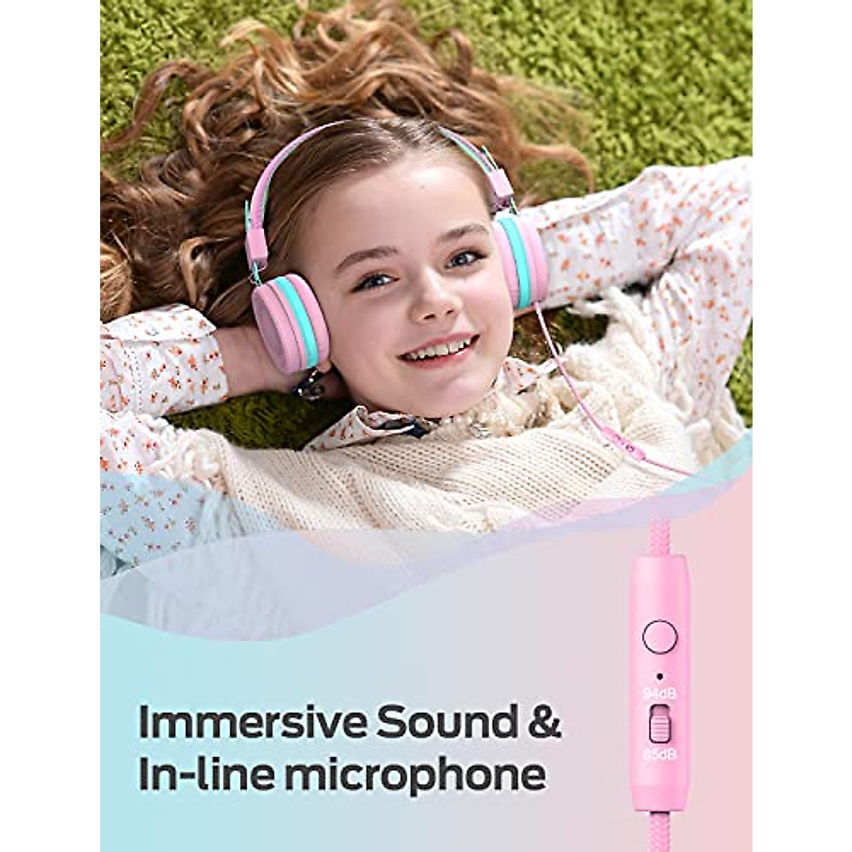 iClever [2 Pack Kids Headphones with Microphone, Safe Volume Limited 85dB/94dB - Wired Headphones for Kids Boys Girls, Foldable Headphones for Online School/Travel/iPad, Black&Pink