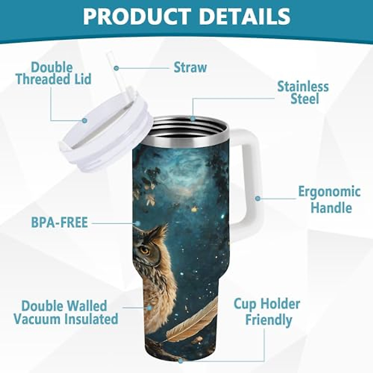 Maunzc 30 oz Tumbler with Handle and Straw, Insulated Stainless Steel Travel Mug with Lid for Coffee, Iced Tea, Water, Gift for Men Women (Owl Quill Night)
