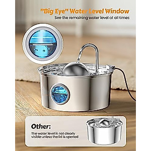 Cat Water Fountain Stainless Steel, AONBOY 108oz/3.2L Cat Fountain, Dog Water Fountain with Water Level Window, Hemispherical Shape, Multi-Filter, Silent Pump, Water Tap, Provides Flowing Water