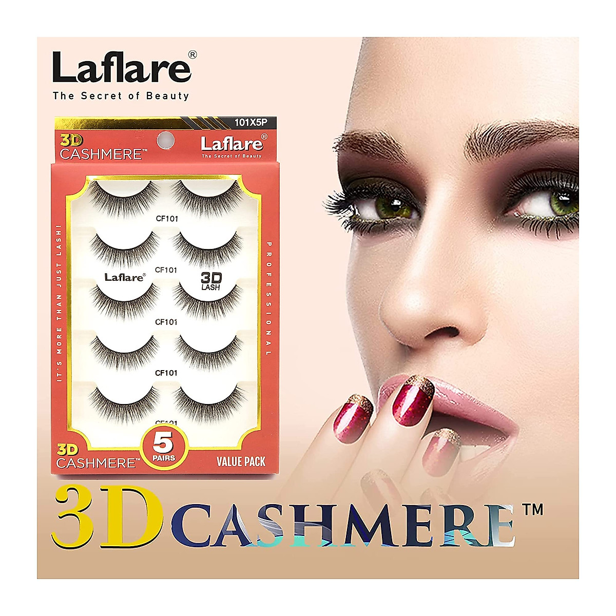 Laflare 3D Cashmere False Eyelashes Multipack, Ultra Soft, Glam, Luxurious, Cruelty-Free, Reusable, Fake Eyelashes 5 Pairs Value Pack (109X5P)