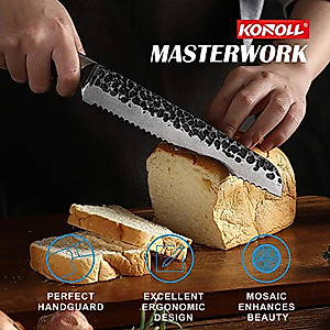 KONOLL Bread Knife,8-Inch Pro serrated Bagle knife Forged Hammered Germany High Carbon Steel Cake Slicing (8-Inch Thunder-K Series)