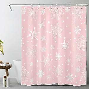 LB Pink Christmas Shower Curtain for Bathroom, Winter Snowflake on Pink and White Fabric Shower Curtain with Hooks, New Year Holiday Bathroom Curtain Shower Set, 60" W x 72" L