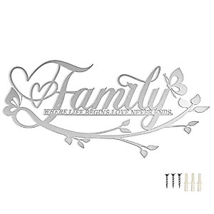 Family Where Life Begins Love Never Ends Word Sign Metal Wall Decor, Silver Home Decor Wall Art Decorations, Letters Quotes Sign for Living Room Bedroom Kitchen Indoor Outdoor Decor(17.5 x 9in) (Silver)