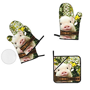 Rape Flower Pig Extra Long Oven Gloves and Hot Pads Set 4pcs for Cooking and Baking with Pockets