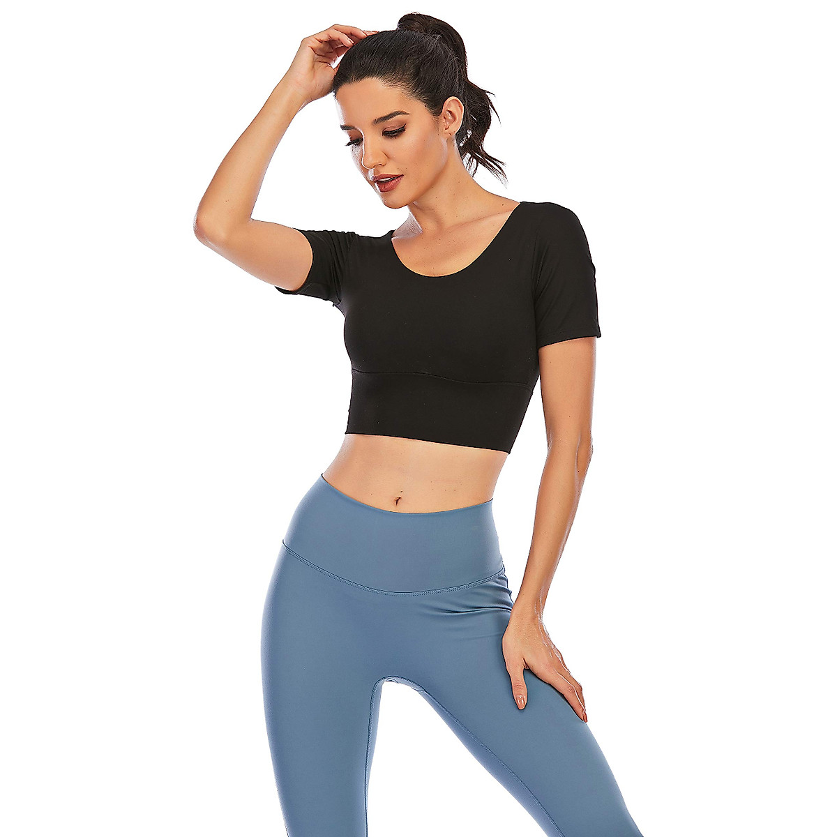 ECUPPER Women Short Sleeve Workout Tops Backless Yoga Gym Shirts Athletic Crop Top with Built in Bra for Fitness Sports Activewear Black