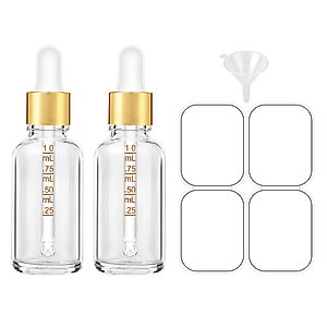 Bumobum Dropper Bottle Clear 1 oz, 30 ml Glass Dropper Bottles with Measurement and Golden Top Cap for Essential Oils, 2 pack Tincture Bottle with Labels and Funnel