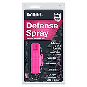 SABRE Defense Spray, 3-in-1 Formula Contains Max Strength Pepper Spray, CS Military Tear Gas & UV Marking Dye, Quick Release Key Ring for Easy Carry, Finger Grip for More Accurate Aim, 0.54 fl oz