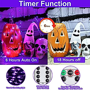 2 Set Halloween Lights Decorations, Total 400LED/131.2Ft Timer 8 Modes Remote Waterproof Battery Box Copper Fairy String Lights Halloween Decor Indoor Outdoor Garden, 200LED/65.6Ft Each (Purple)