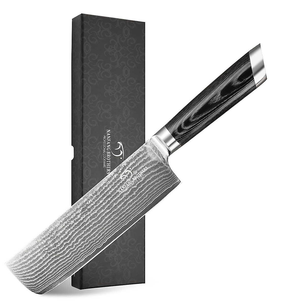 Damascus Nakiri Knife, 7 Inch Professional Kitchen Knife with Non-slip Wood Ergonomic Handle, All Purpose Chef Knife Meat Cleaver Vegetables Chopping, Razor Sharp Lightweight