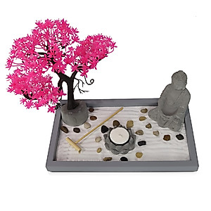 Japanese Zen Garden Lotus Candle Holder - Mini Pink Bonsai Garden with Buddha Statue or Relaxation and Meditation - Perfect Home Desk Decor and Gift Set - Gray, 8.75" x 12.5" x 9"