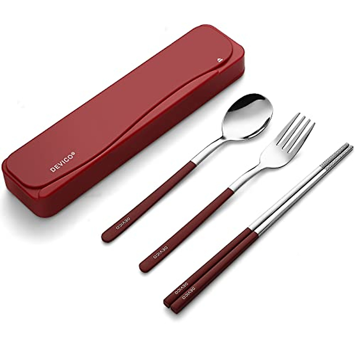 DEVICO Travel Utensils, 18/8 Stainless Steel 4pcs Cutlery Set Portable Camp Reusable Flatware Silverware, Include Fork Spoon Chopsticks with Case (Red)