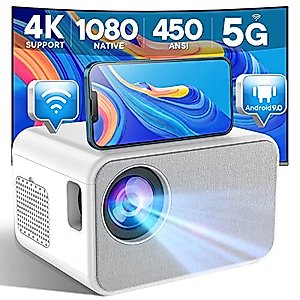 KYASTER Native 1080P Projector,450 ANSI Lumen 4K Supported Mini Projector,4P/4D Keystone Correction,Android 9.0 OS with Build in App Store,5G WiFi Wireless Screencast for iPhone