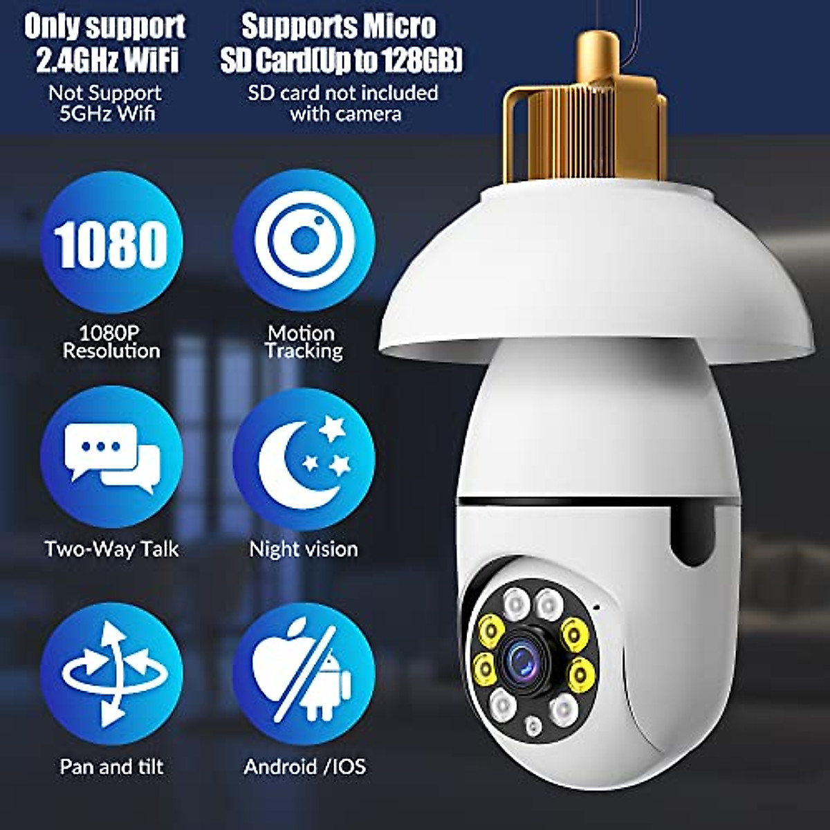 Light Bulb Security Camera Outdoor Wireless 2.4GHz WiFi 360 Degree Light Socket Screw in Security Camera for Home Security Safe Cam Lightbulb Camera Night Vision