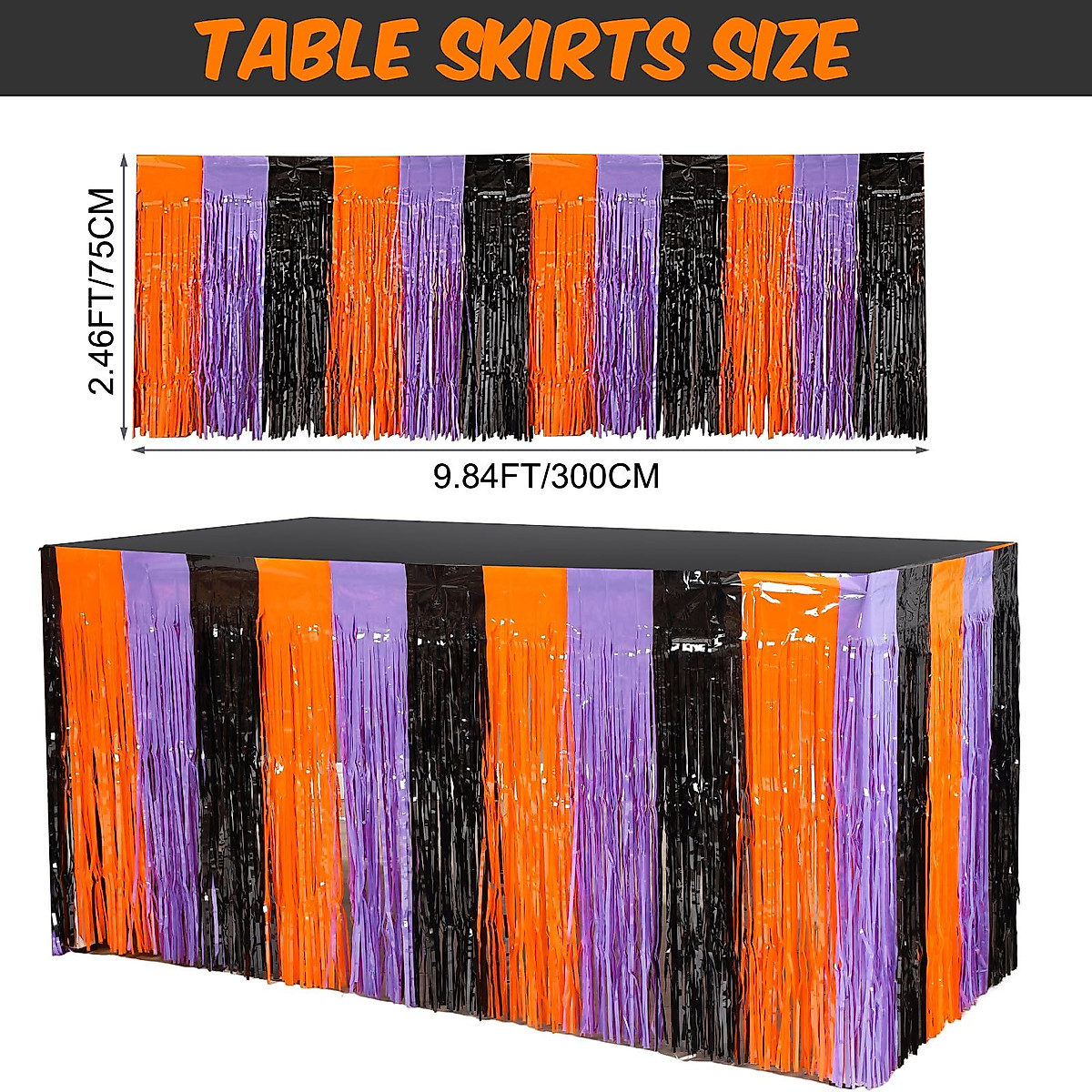 Jexine 6 Pack 9.84 ft Halloween Day Table Skirts Happy Halloween Table Foil Fringe Orange Purple Black Tinsel Table Skirt Metallic Fringe Table Decorations for Tables Supplies(Purple, Orange, Black)