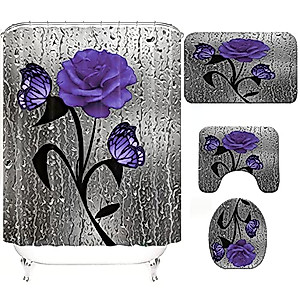 Floral Shower Curtains Butterfly Purple Rose Bathroom Shower Curtain with Non-Slip Rugs and Toilet Lid Cover Durable Bathroom Sets Medium Size