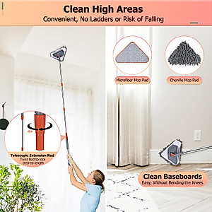 Wall Cleaner 98 Inch Wall Cleaner with Long Handle,HoMerit Wall Cleaner Mop 360° Rotatable Adjustable Cleaning Mop,Ceiling Dust Mop,Wall Cleaning Tool for Walls/Baseboard/Floors,6 Replacement Pads