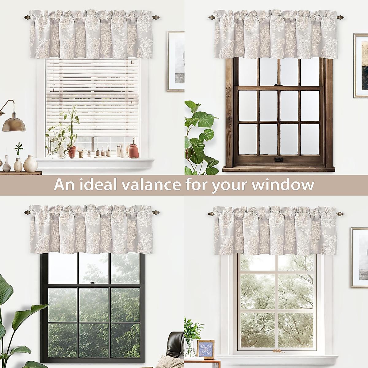 DriftAway Cathy Valance Linen Textured 2 Layers Farmhouse and Modern Rustic Linen Curtains Blackout Valance for Kitchen Living Room Paisley Block Print Single 52 Inch by 14 Inch Plus 2 Inch Gray